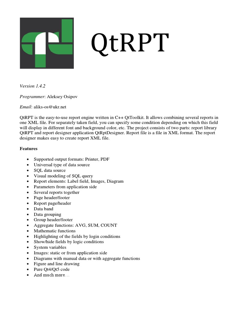 QtRPT: C++ Qt Report Engine Guide | PDF | String (Computer Science) | Sql