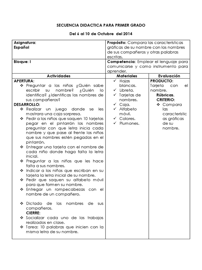 Secuencia Didactica para Primer Grado | PDF | Escritura | Lingüística