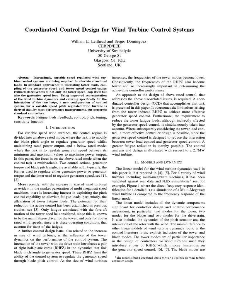 Coordinated Control Design For Wind Turbine Control Systems | PDF ...
