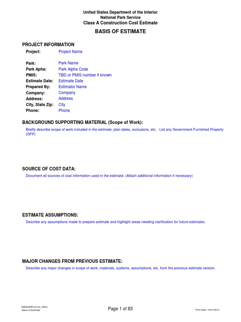 Basis of Estimate: Class A Construction Cost Estimate | PDF ...