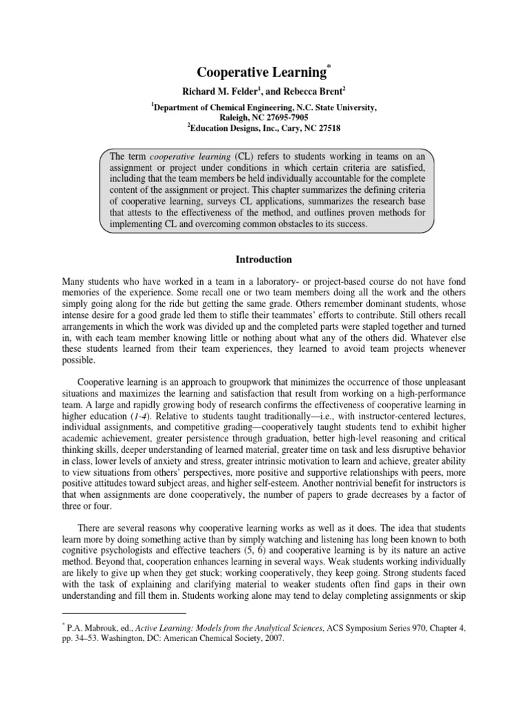 Cooperative Learning: Richard M. Felder, and Rebecca Brent | PDF | Homework | Learning