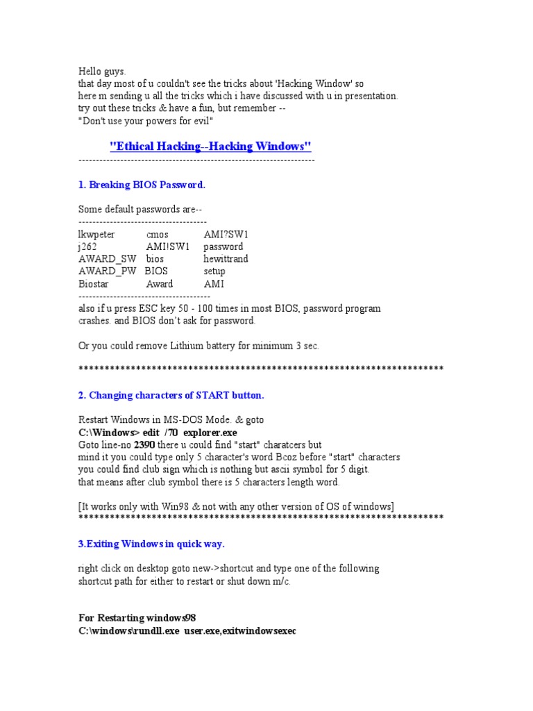 "Ethical Hacking - Hacking Windows": 1. Breaking BIOS Password | PDF ...