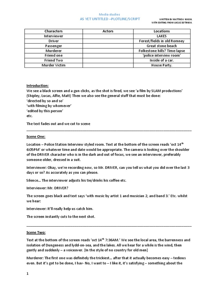 Characters Actors Locations: As Yet Untitled - Plotline/Script | PDF ...