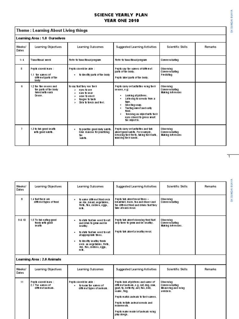Science Yearly Plan Year One 2010 Theme: Learning About | PDF | Taste ...