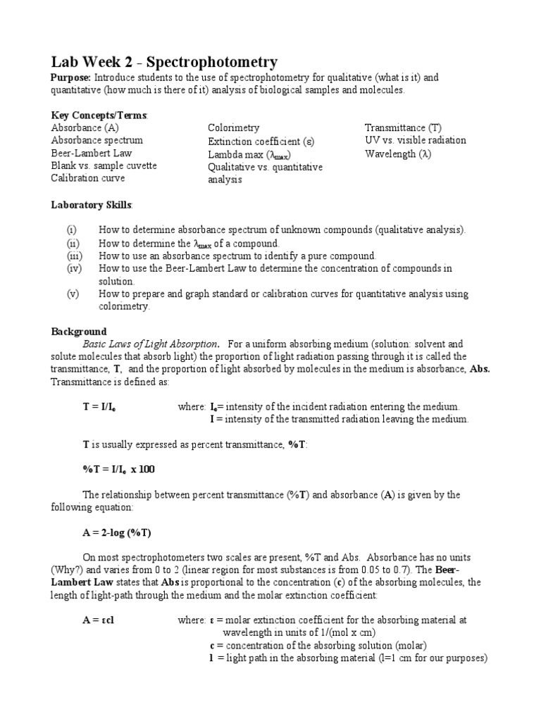 Lab Week 2 - Spectrophotometry: Basic Laws of Light Absorption. For A ...