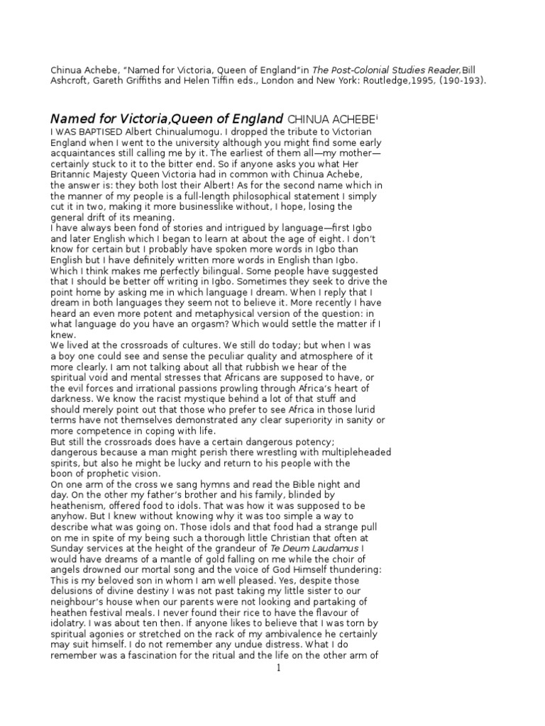 Chinua Achebe - Named From Victoria | PDF | Religion And Belief