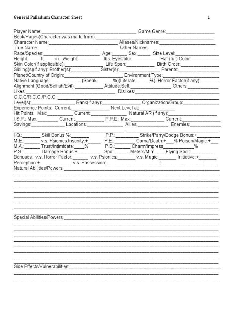 Form Fillable Character Sheet Palladium - Printable Forms Free Online