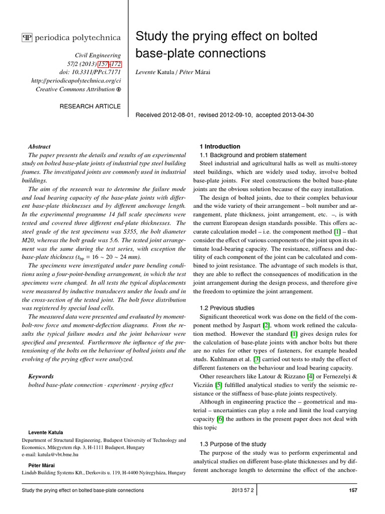 Study The Prying Effect On Bolted Base-Plate Connections: Ŕ Periodica ...