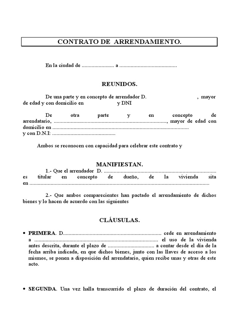 Formulario De Contrato De Arrendamiento De Vivienda En Blanco Contrato