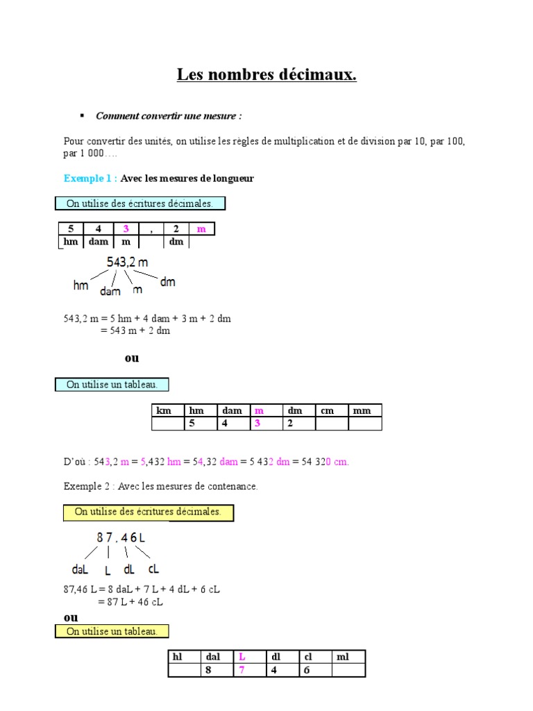 Conversion des Nombres Décimaux et Unités | PDF | Zone | Litre