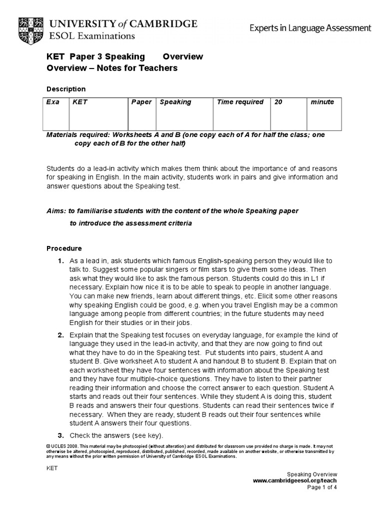 KET Paper 3 Speaking Overview – Notes for Teachers: Description