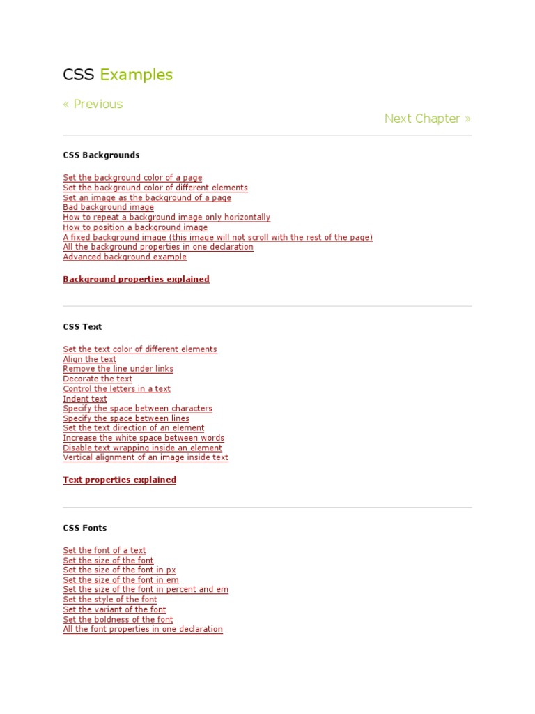 Examples: Previous Next Chapter | PDF | Cascading Style Sheets | Hyperlink