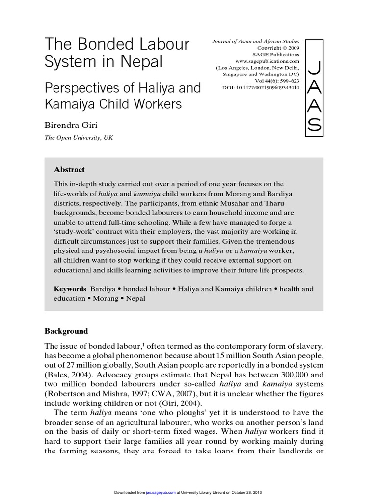 The Bonded Labour System in Nepal: J A A S | PDF | Child Labour ...