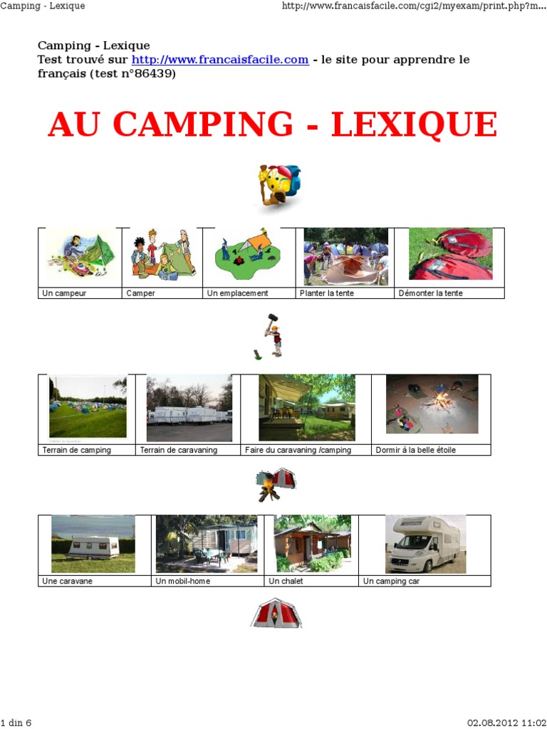 Camping Lexique Exercices | PDF | Camping | Mouvement de jeunesse