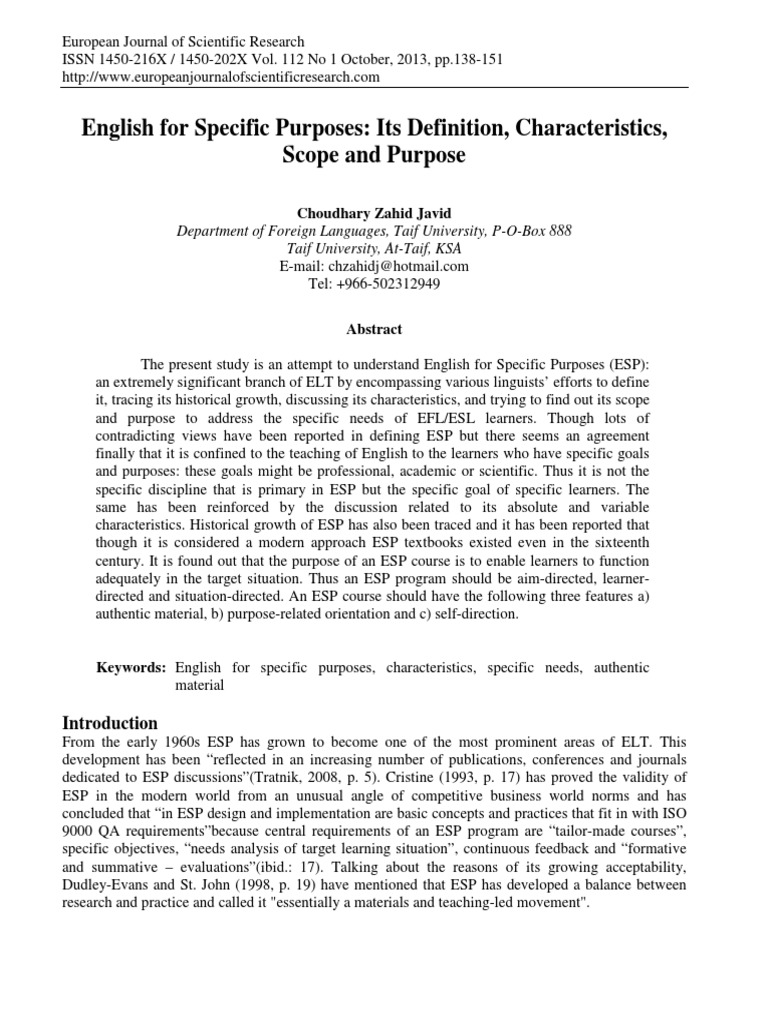 English For Specific Purposes: Its Definition, Characteristics, Scope ...