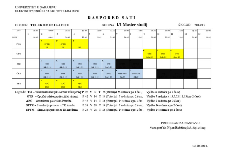 Raspored Sati I/1 Master Studij: Univerzitet U Sarajevu Elektrotehnički Fakultet Sarajevo | PDF ...