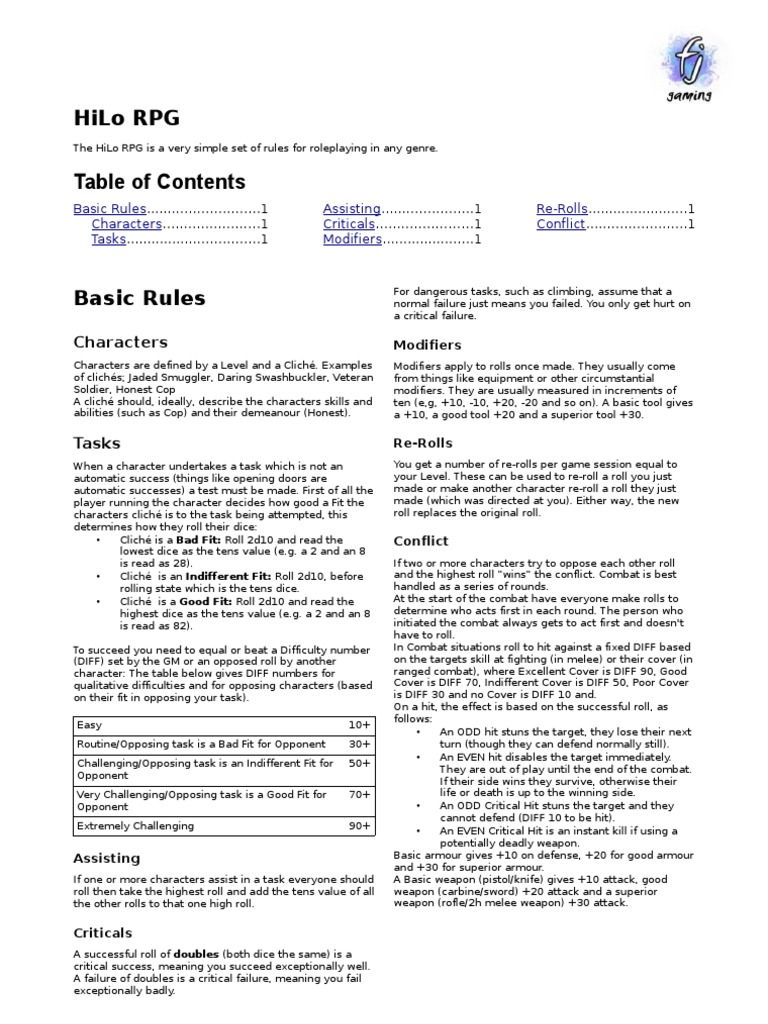 HiLo RPG: Simple Roleplaying Rules | PDF | Gaming | Tabletop Games