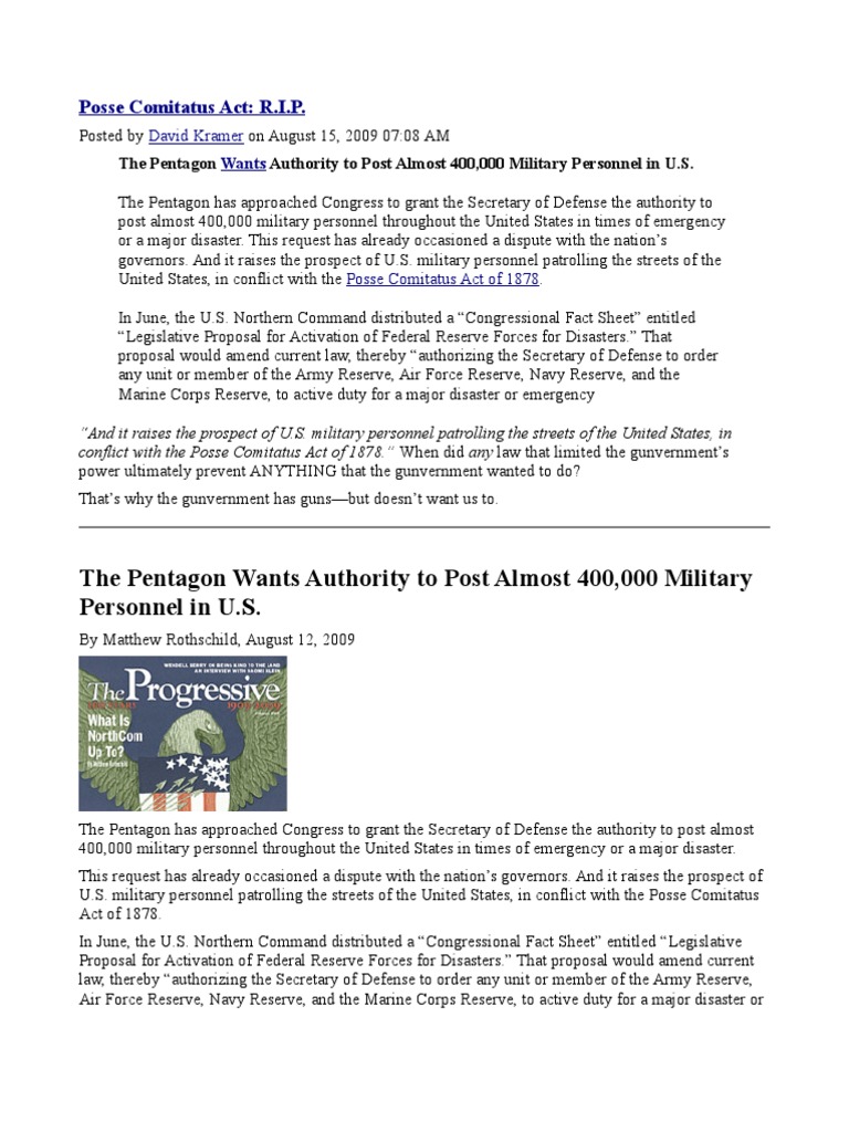 Posse Comitatus Act R.I.P. | PDF | United States Department Of Defense ...