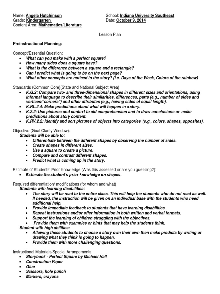 The Perfect Square Lesson Plan | PDF | Shape | Lesson Plan