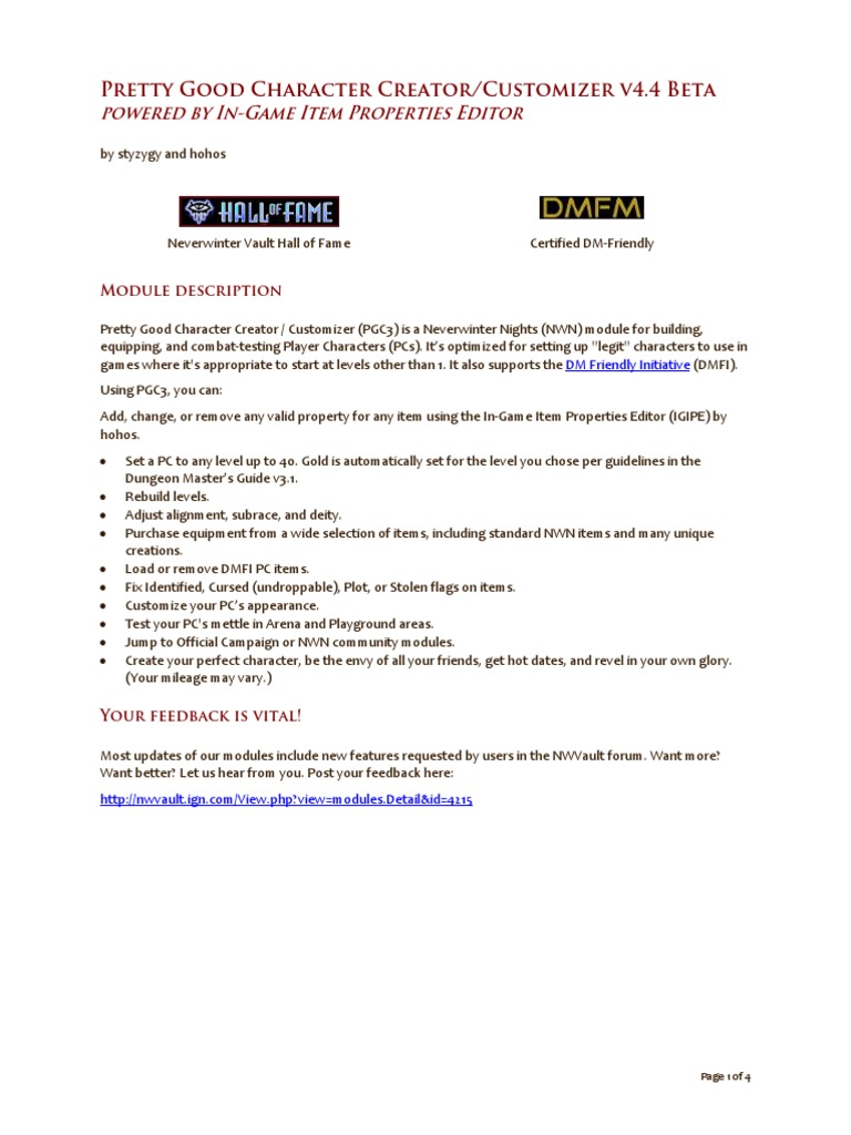 Pretty Good Character Creator & Customizer - Readme PDF | PDF ...