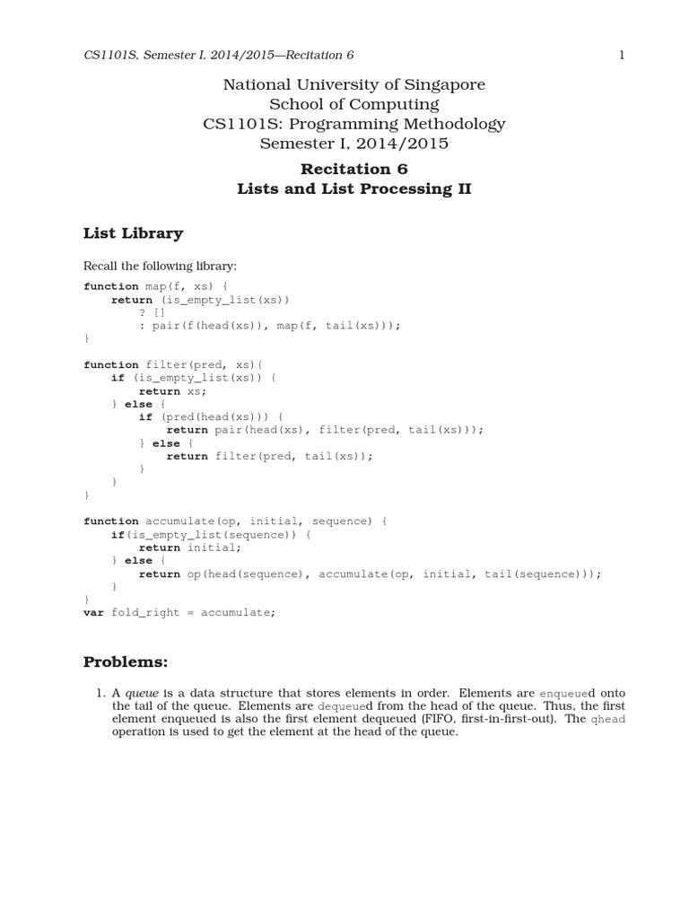 Recitation 6 Lists and List Processing II List Library | PDF | Queue ...