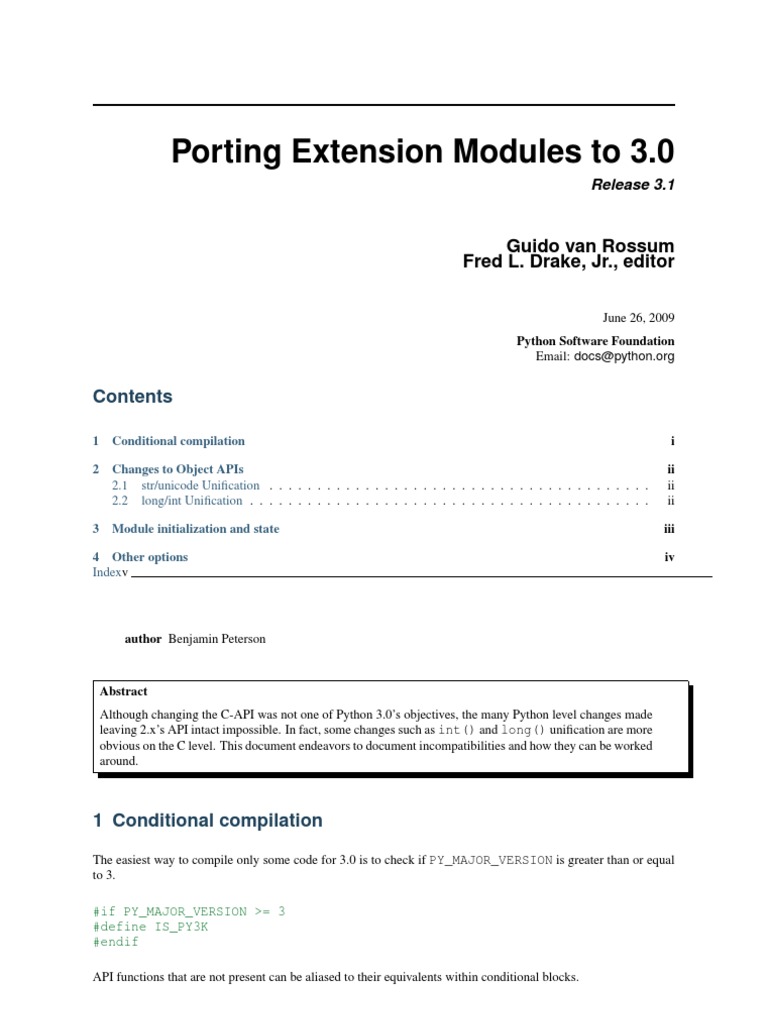 Porting Extension Modules To 3.0: Guido Van Rossum Fred L. Drake, JR ...