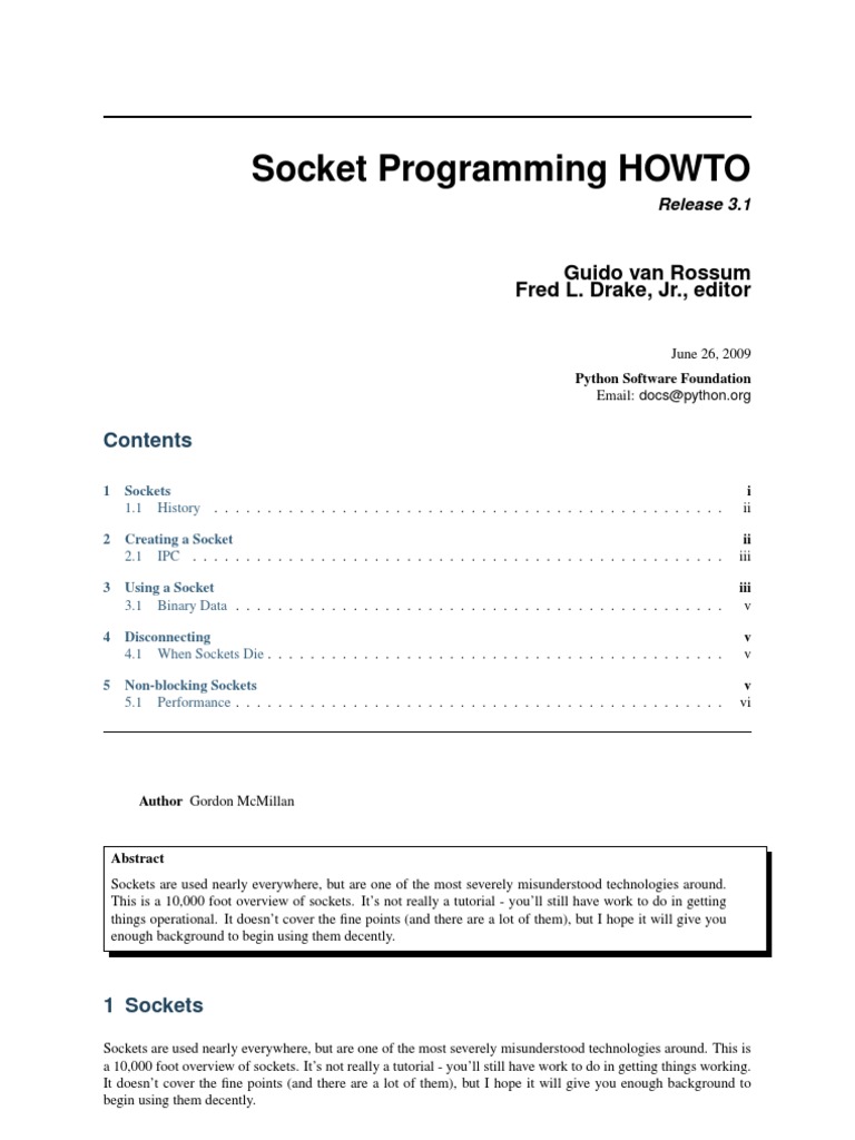 Socket Programming HOWTO: Guido Van Rossum Fred L. Drake, JR., Editor | PDF | Network Socket ...