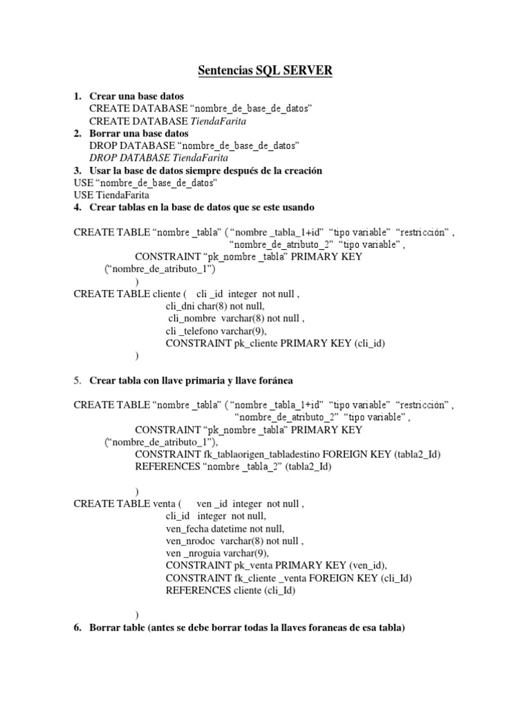 Sentencias SQL SERVER PDF | PDF | Tabla (base de datos) | Servidor SQL de Microsoft