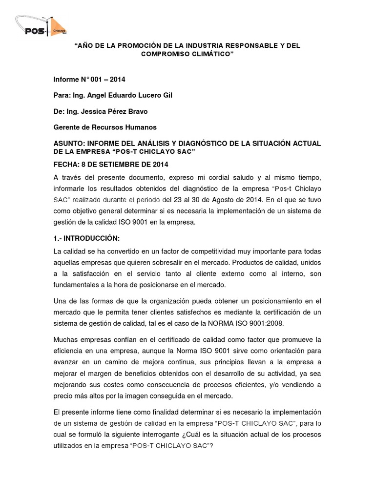 INFORME DIAGNOSTICO SITUACIÓN ACTUAL DE LA EMPRESA.pdf | Calidad (Negocios) | Recursos humanos