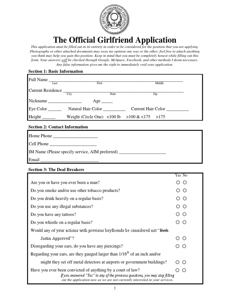 Official Girlfriend Application Form | PDF | Career & Growth