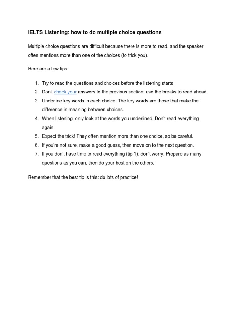 IELTS Listening: How To Do Multiple Choice Questions: Check Your | PDF ...