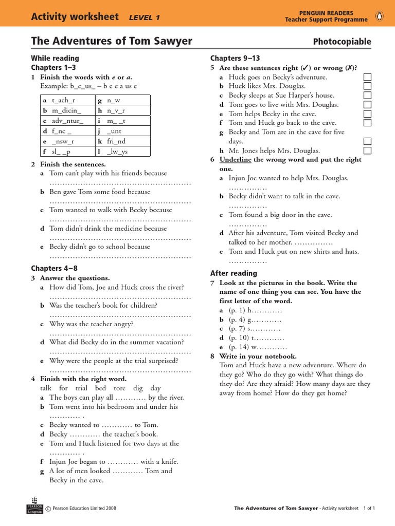 Tom Sawyer Level 1 Activity Worksheets | PDF | Language Arts ...