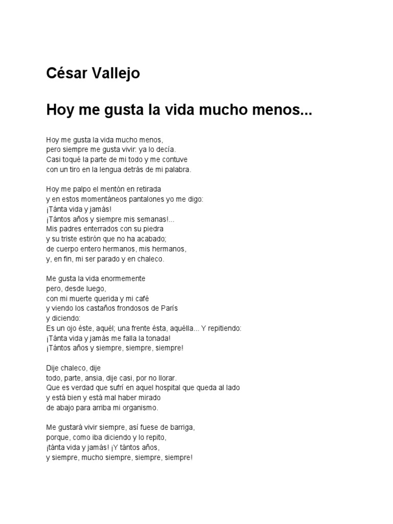 Cesar Vallejo. Hoy Me Gusta La Vida Mucho Menos PDF | PDF