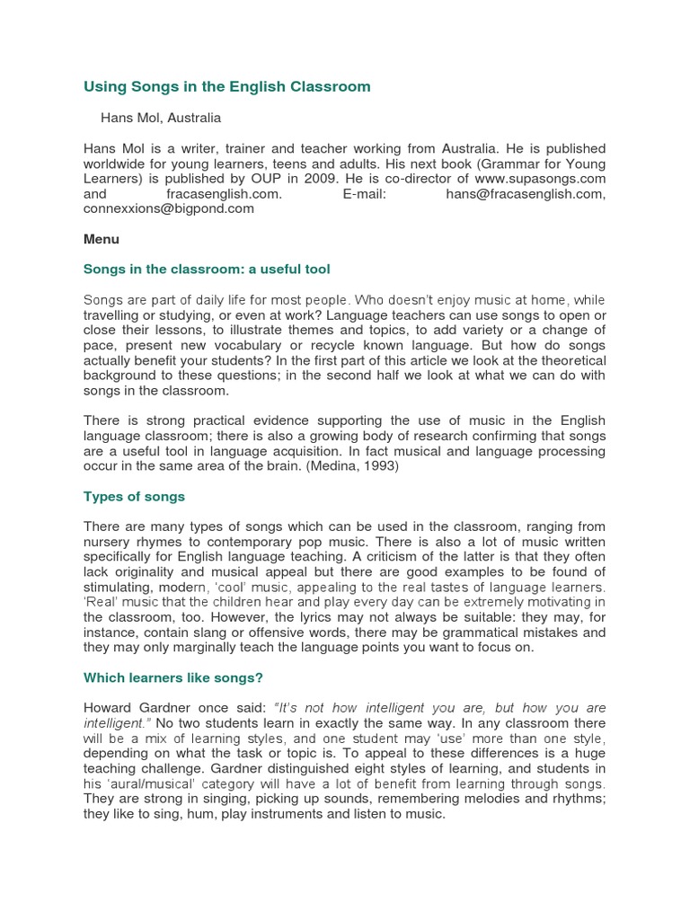 Songs as Tools in ESL Teaching | PDF | English As A Second Or Foreign ...