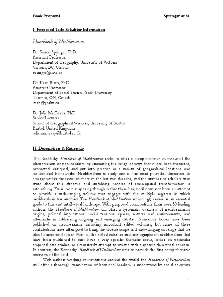 Handbook of Neoliberalism. Dr. Simon Springer, PHD - Book Proposal ...