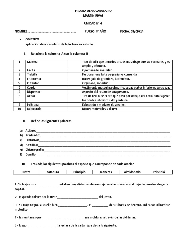 Prueba de Vocabulario Martin Rivas | PDF