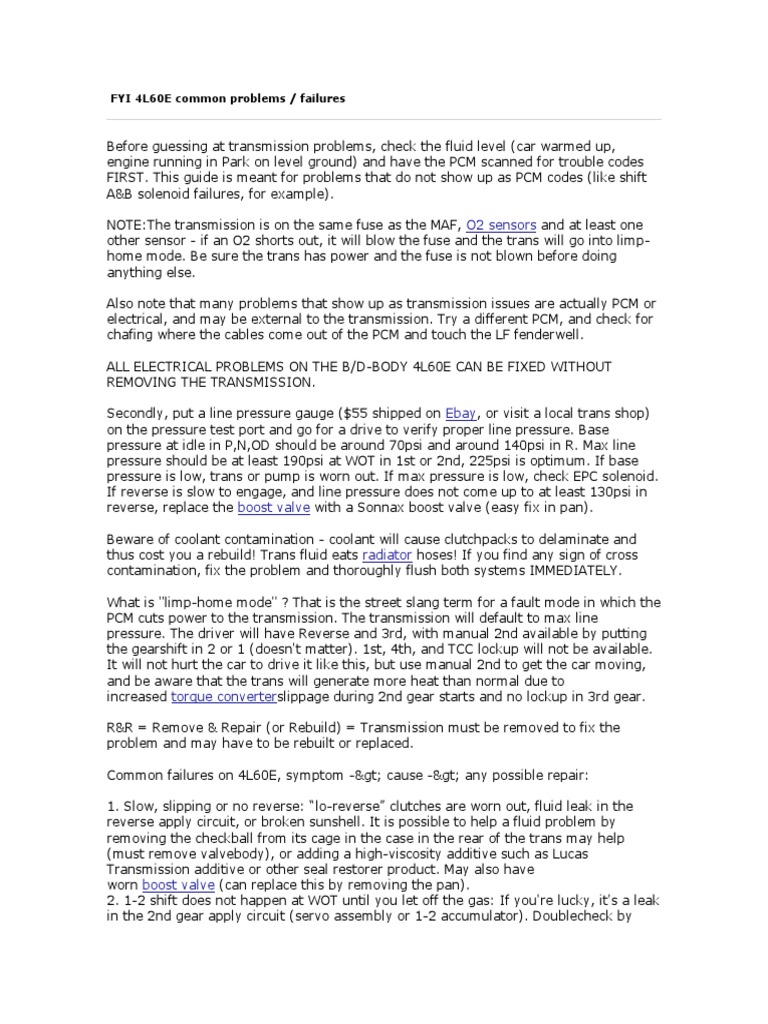 Fyi 4l60e Common Problems Failures Pdf Transmission Mechanics