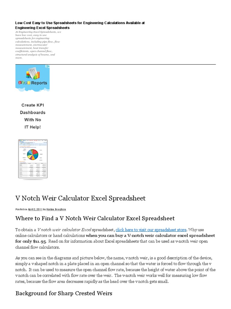 V Notch Weir Calculator Excel Spreadsheet for Open Channel FlowLow Cost ...