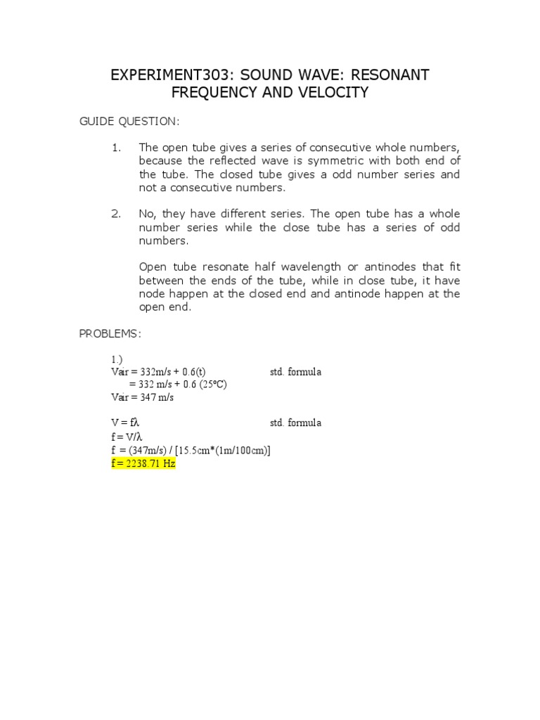 Experiment 303 Sound Wave Resonant, Frequency and Velocity | PDF ...