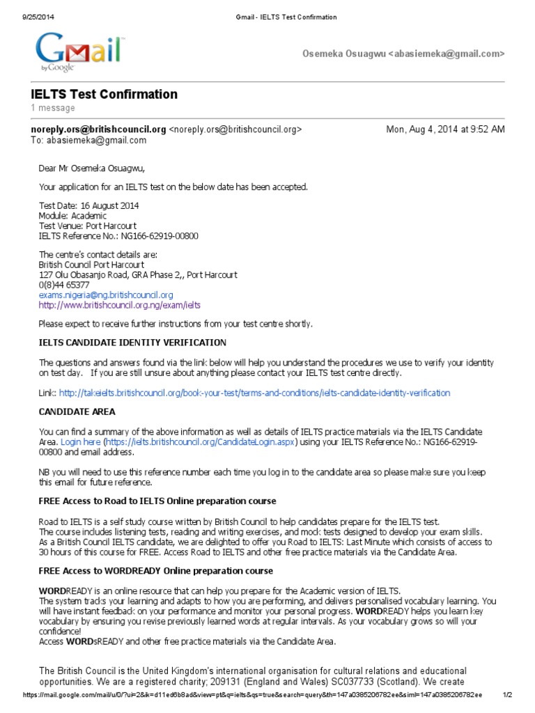 Gmail - IELTS Test Confirmation | PDF | International English Language ...