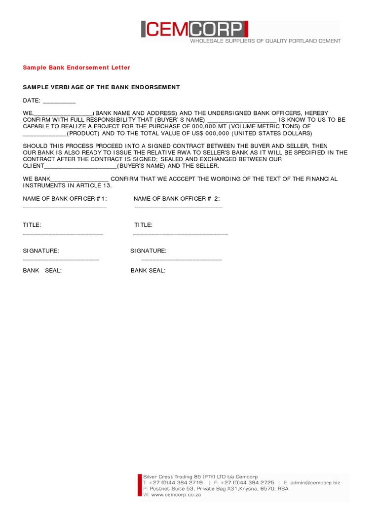 Sample Bank Endorsement Letter | PDF | Business | Finance & Money ...