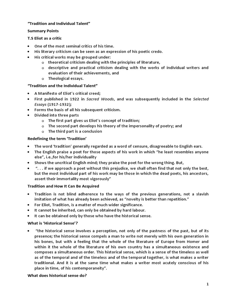 Tradition and Individual Talent Summary | PDF | Poetry
