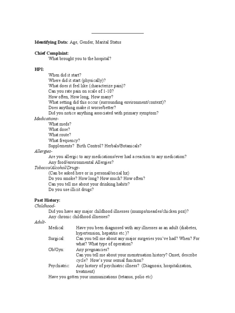 Patient History Questions: Identifying Data: Age, Gender, Marital ...
