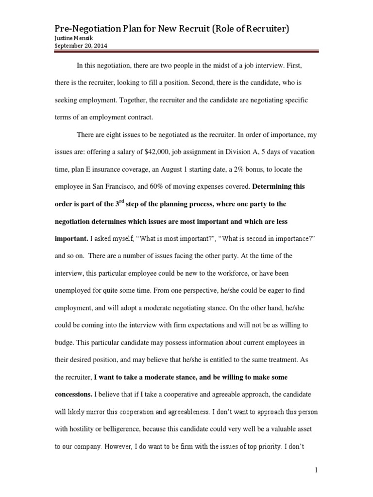 New Recruit Pre-Negotiation Plan 1 | PDF | Negotiation | Recruitment