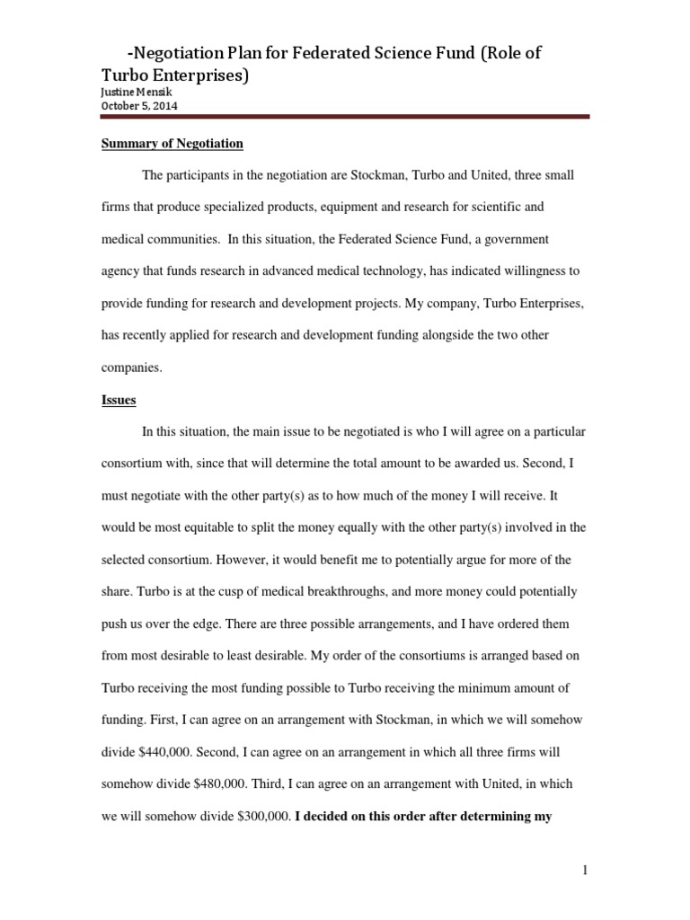 Federated Sciences Fund Pre-Negotiation Plan | PDF | Negotiation | Business