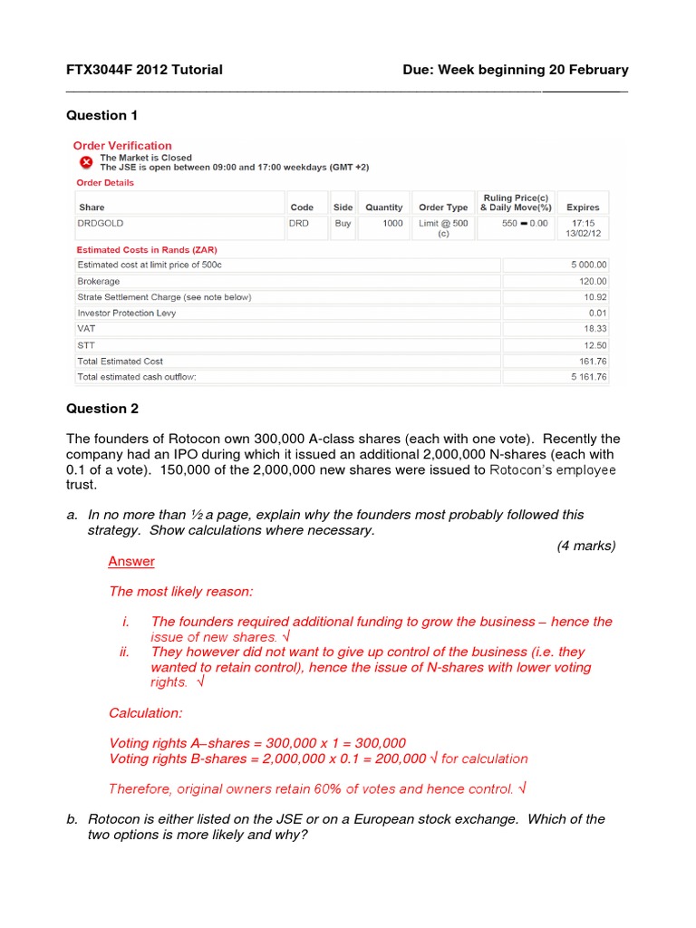 FTX3044F 2012 Tutorial Due: Week Beginning 20 February: Answer | PDF ...