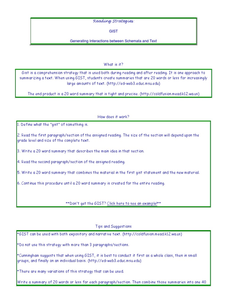Gist Reading Writing Strategy | PDF | Reading Comprehension | Reading ...