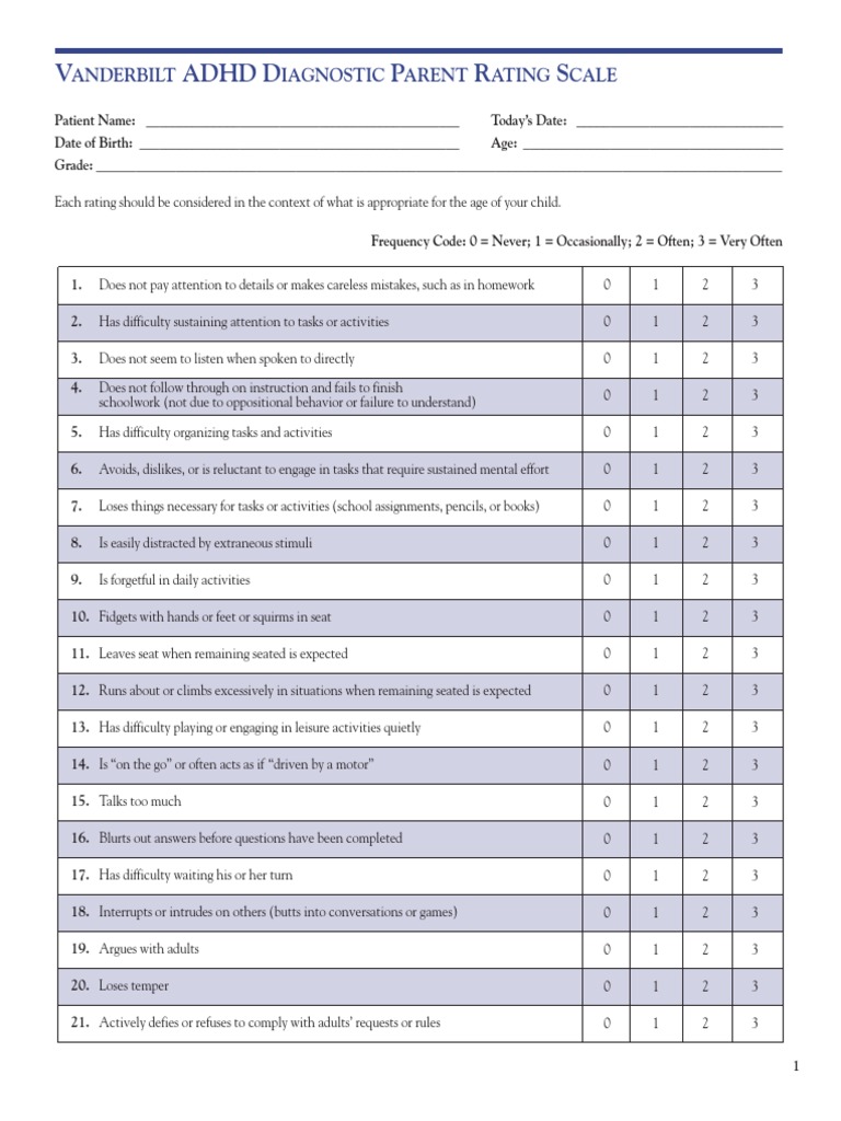 Vanderbilt Adhd Diagnostic Parent | Temperament | Psychiatry Related Fields