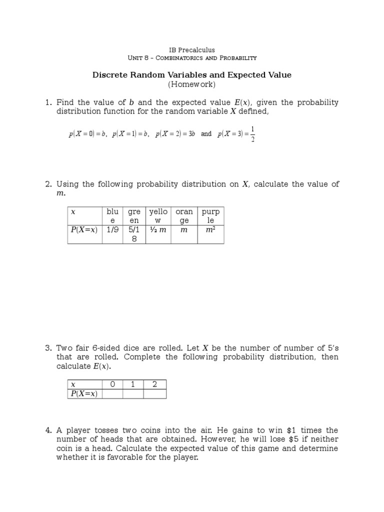 Random Variables and Expected Value | PDF | Sports & Recreation | Games ...
