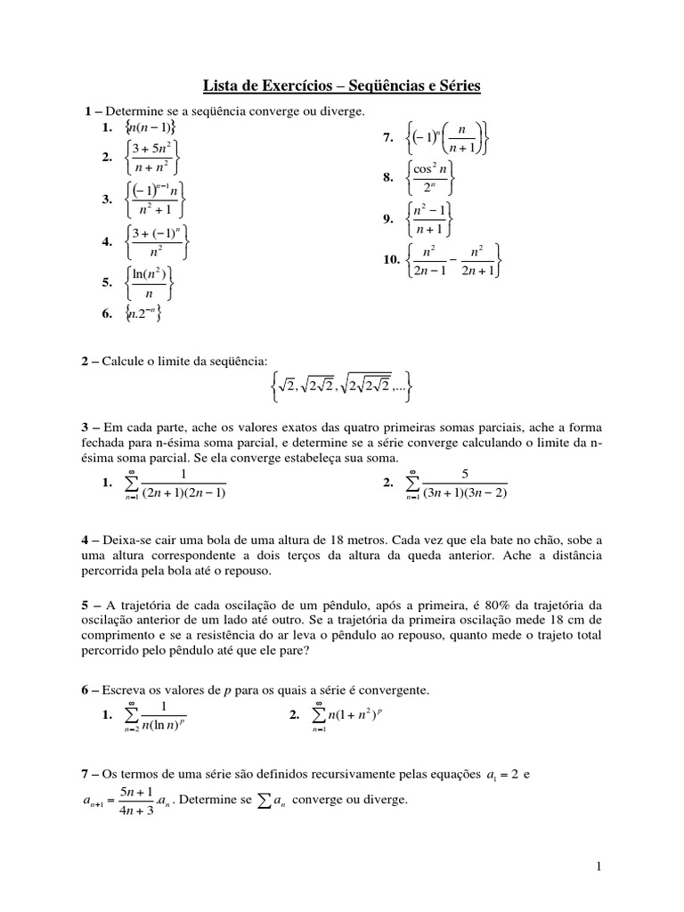 Exercicios Sequencias e Series - Calculo3.pdf | Série (Matemática) | Cálculo